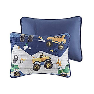 Mi Zone Kids Nash Reversible Quilt Set, Vibrant Fun Design, Lightweight All Season Children Bedding, Coverlet Bedspread, Boys Bedroom Décor, Twin, Big Wheel Monster Trucks 3 Piece