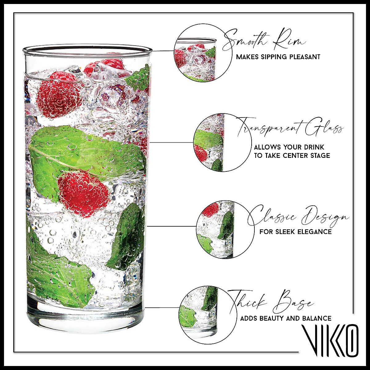 Vikko Water Glasses, Set of 12 Drinking Glasses, Thick and Durable Tumbler, 10 Ounce Tall Kitchen Glasses, Dishwasher Safe Highball Glass Tumbler, Heavy Duty Cups