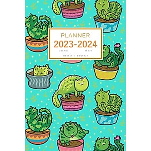 Planner 2023-2024: 6x9 Weekly and Monthly Organizer from June 2023 to May 2024 | Cute Flowerpot Cat Cactus Design Turquoise