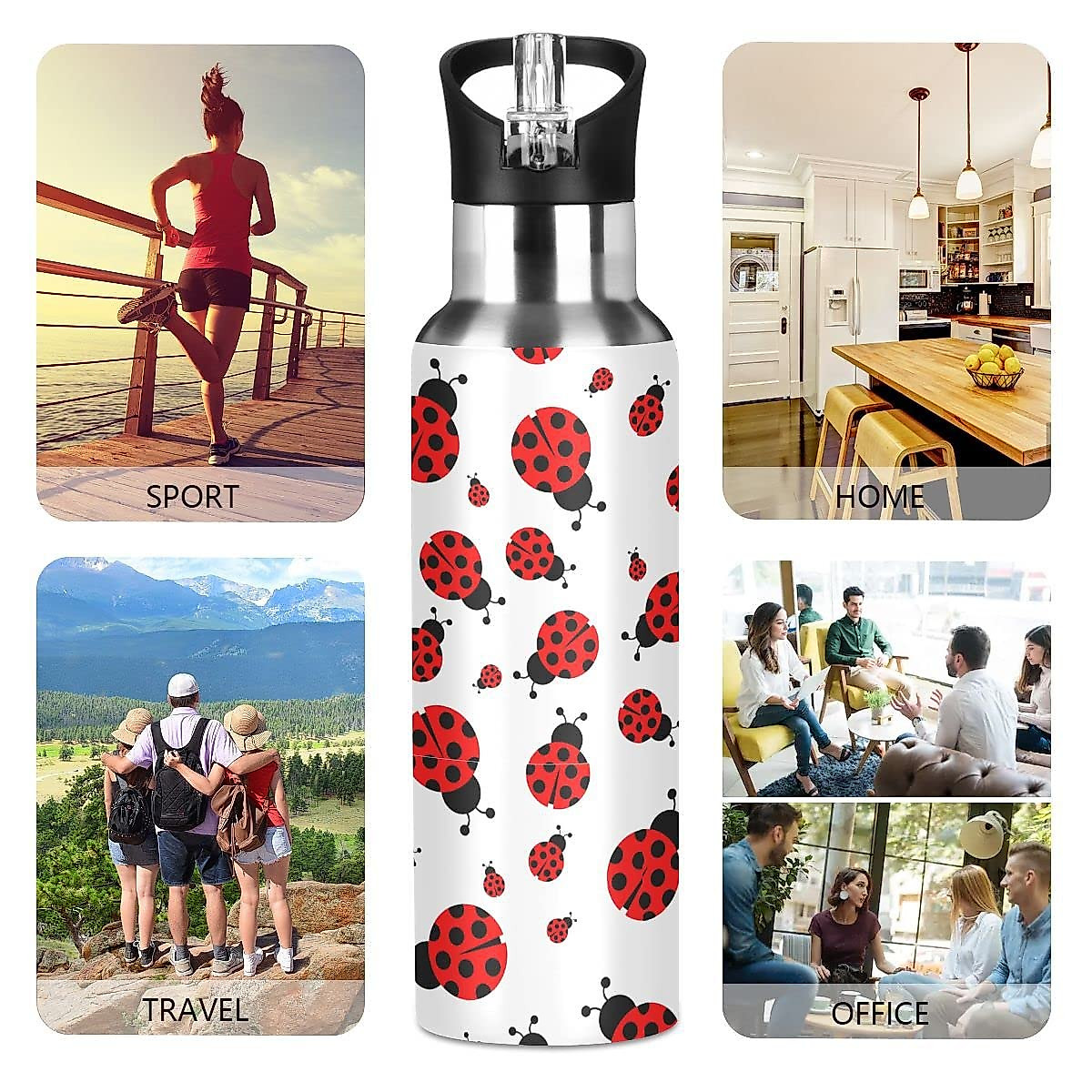 xigua Ladybug Water Bottle Double Walled Stainless Steel Leak Proof Thermo Flask for Sports Gym Cycling Outdoor,33 oz.