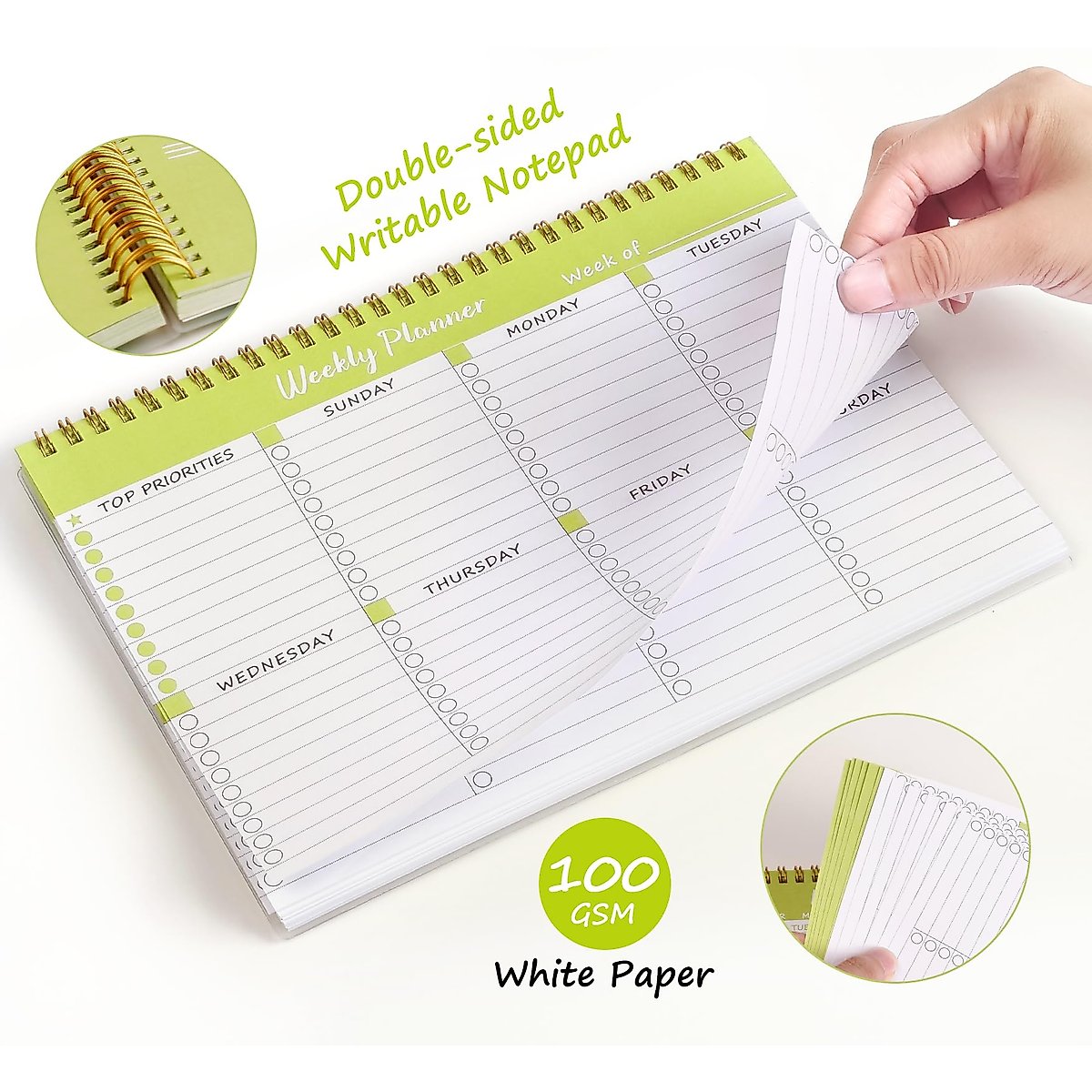 Weekly To Do List Notepad, Undated Weekly Desk Planner & Monthly Calendar, 60 Sheets 7 X 10" Task CheckList Notebook For Work Office Home, Sunday Start, Green