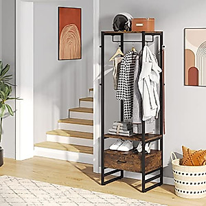 Tribesigns Coat Rack, 70.9" Hall Tree with Big Drawer Freestanding Closet Organizer for Entryway, 3-In-1 Industrial Garment Rack with 8 Hooks, Small Clothes Rack with Storage for Bedroom, Living Room