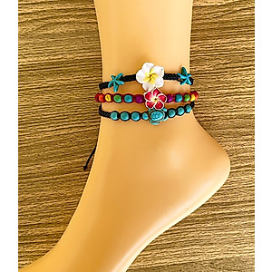 LAVIP Leather Anklet or Bracelet Starfish Turquoise Hawaiian Plumeria Flower Starfish Turquoise Hemp Bracelet