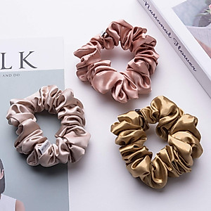 MTSNOO Silk Scrunchies, 3 Pack - 100% Pure 22 Momme Mulberry Silk Scrunchies for Curly Hair with Elastic Band - Hair Ties Ropes Scrunchies Set for Women Girls - RoseGold, Champagne, Gold