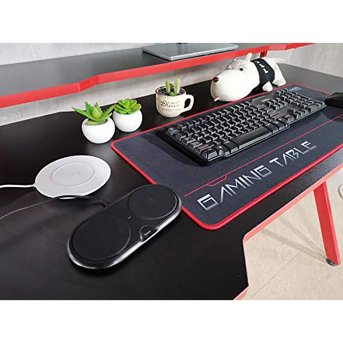 JJS 48" Home Office Gaming Computer Desk with Removable Monitor Stand, R Shaped Large Gamer Workstation PC Table with Cup Holder Headphone Hook Speaker Storage Free Mouse pad, Black/Red