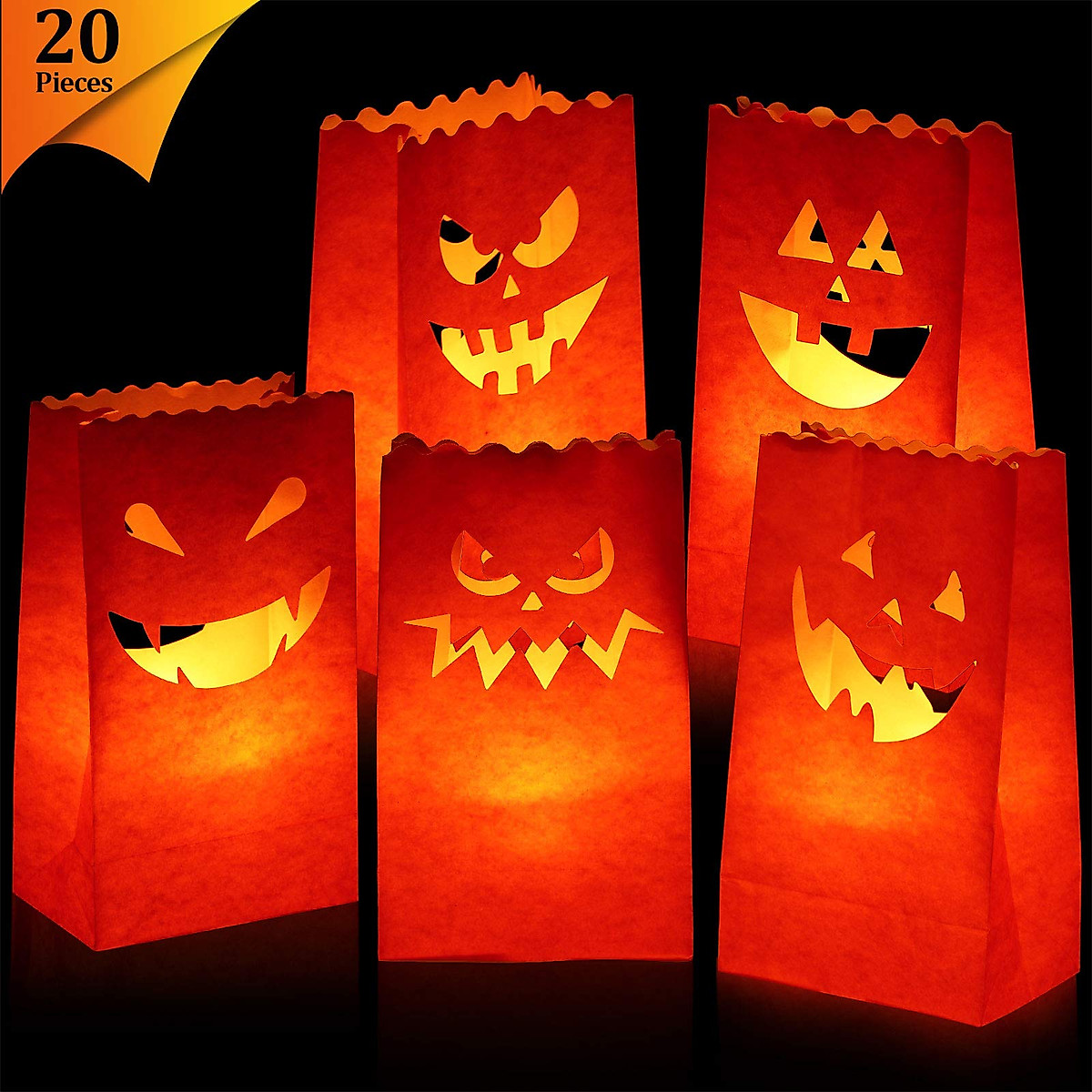 20 Pieces Halloween Luminary Candle Bags Flame Resistant Candle Bags in 5 Kinds of Pumpkin Grimace Patterns for Halloween Party Supplies