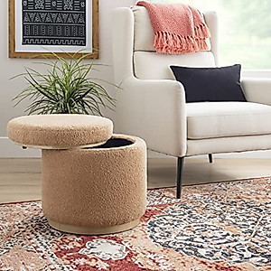 Linon Lexington Tan Sherpa Round Storage Ottoman with Wood Accent