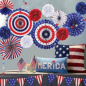 46pcs 4th of July Patriotic Decorations - Fourth of July Decor American Flag Party Supplies - USA Flag Pennant, Red White Blue Paper Fans, Cupcake Toppers, Star Streamer, Hanging Swirls Party Decor