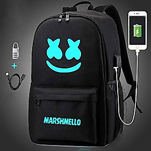 Mello Backpack Marshmallow Backpack Glow in Dark Smile Laptop Backpack for Boys USB Charging Backpack w/USB Headphone Ports & Cables & Lock (Classic Mello)