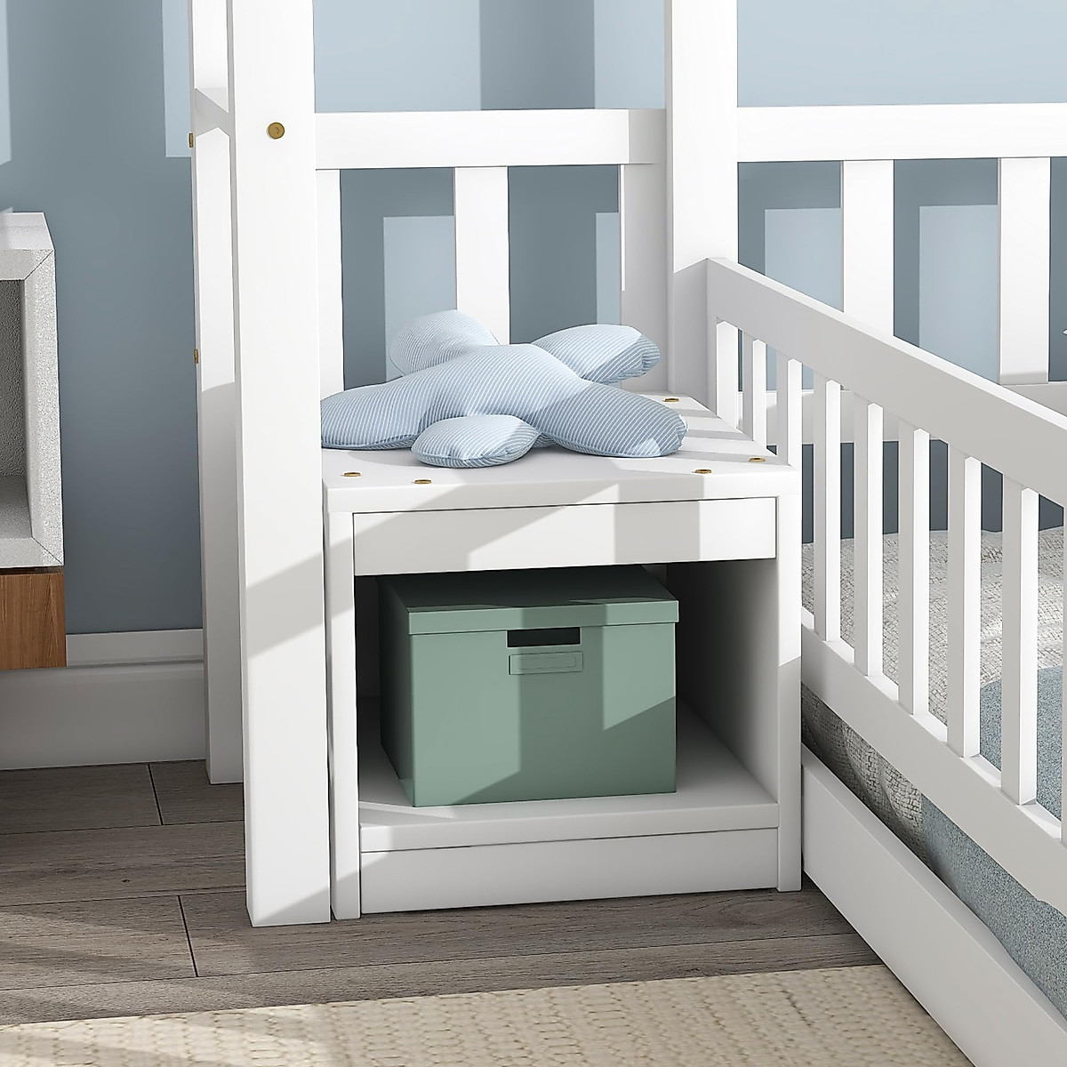 Twin Size Floor Bed with Bedside Stand,Kids Montessori Floor Bed with House-Shaped Headboard,Twin House Bed Frame for Kids,Girls,Boys,White