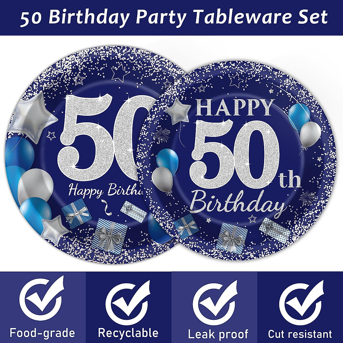 96 Pcs 50th Birthday Party Supplies Navy Blue and Silver Birthday Plates 50th Birthday Paper Tableware Happy Birthday Party Plates and Napkins Forks Blue Birthday Table Decorations for 24 Guests