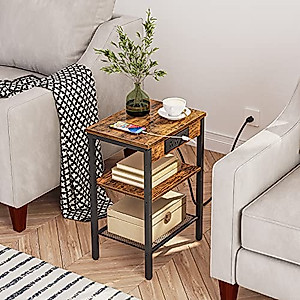 HOOBRO End Table Set of 2 with Charging Station and USB Ports, 3-Tier Nightstands with Adjustable Shelf, Narrow Side Table for Small Space in Living Room, Bedroom and Balcony, Rustic Brown BF112BZP201