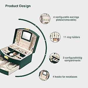 XKY Jewelry Box for Women Girls-2 Layer Jewelry Organizer with Removable Tray Display Earrings Bracelets Rings Necklaces-Small Travel Jewelry Box in PU Leather with Soft Velvet Lining-Ideal Gift-green