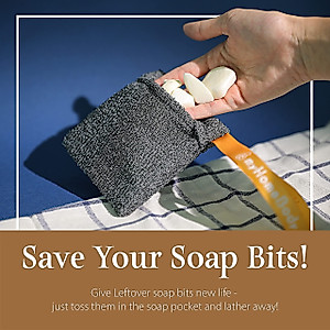 myHomeBody Soap Pocket Squares Exfoliating Soap Saver Pouch | Body Scrubber, Exfoliator Sponge for Bath or Shower | for 5oz Bar Soap or Leftover Bits | Graphite Gray, 3 Pack + 2 Soap Lifting Pads