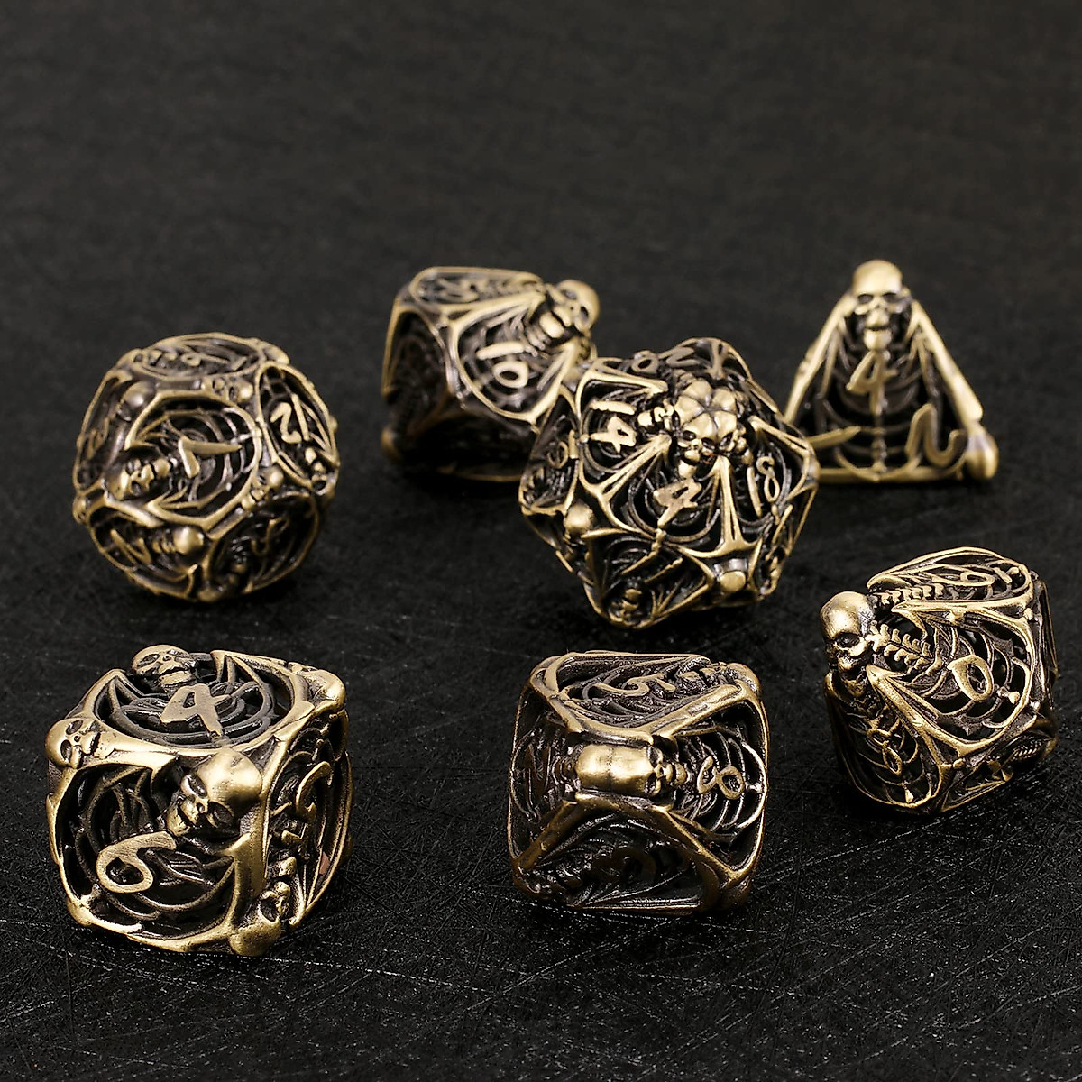 DND Dice Set Polyhedron Dice Skull Hollow Metal Dice for Dungeons and Dragons Role Playing Games PCCECQEE Dice 7PCS D&D Set Collection Gifts (Bronze-02)