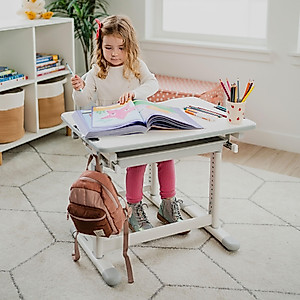 Mount-It! Kids Desk and Chair Set Height Adjustable up to 30" Ergonomic Kids Desk School, Kids Table and Chairs for Student 26" x 18" Tabletop with Pencil Drawer, 3-10 Age Children, Grey