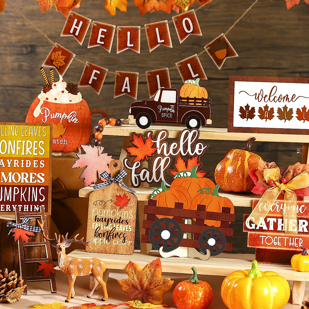 21 Pcs Fall Tiered Tray Decor Set Hello Fall Pumpkin Maple Leaf Wooden Signs Autumn Thanksgiving Decorations Rustic Farmhouse Table Centerpieces for Home Kitchen Decor Harvest Holiday