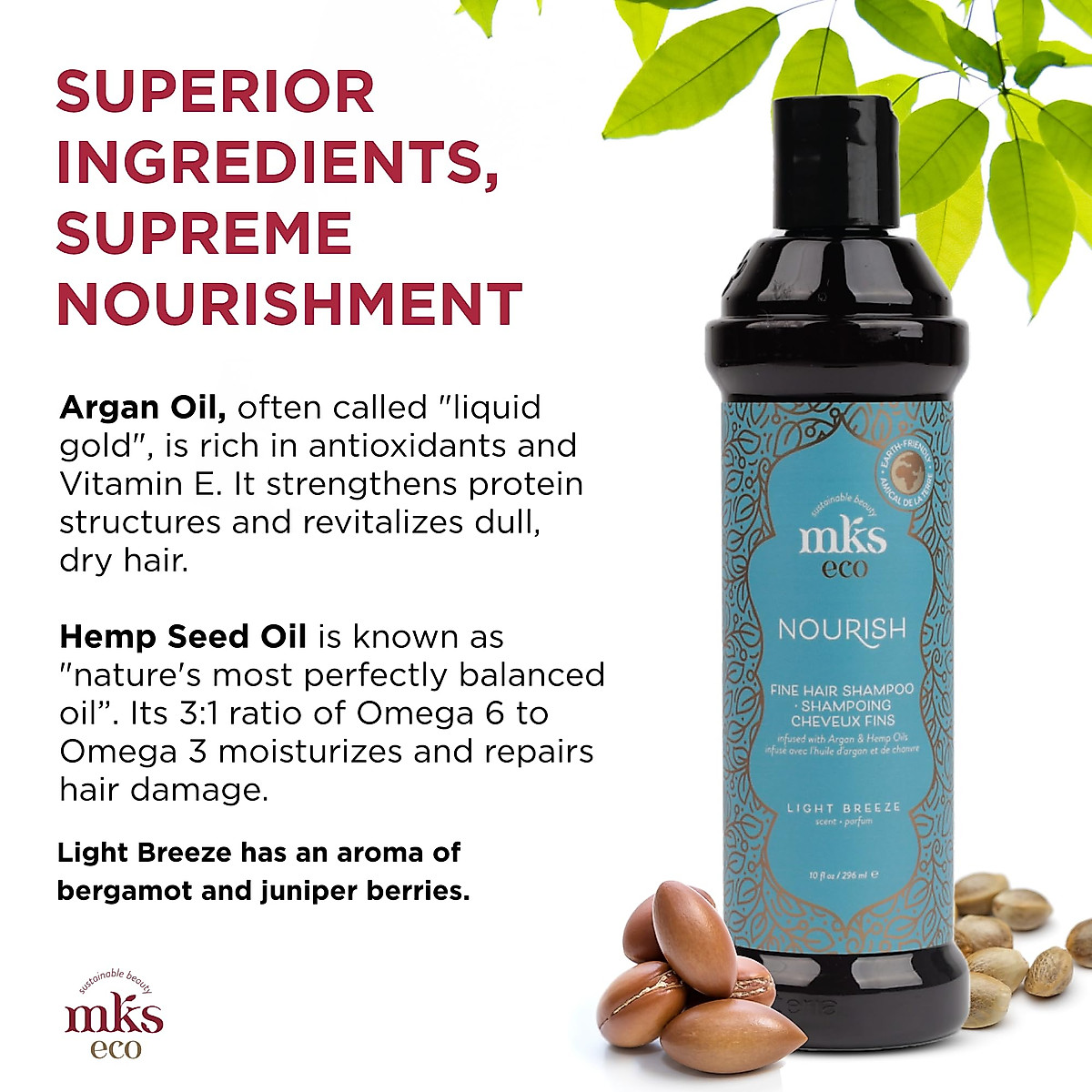 Earthly Body MKS eco Nourish Shampoo for Fine Hair, Light Breeze - 10 fl oz - Cleanses & Strengthens - Safe for Color Treated Hair - Moroccan Argan Oil, Hemp Seed Oil - Vegan, Cruelty Free