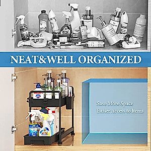 SOYO Under Sink Organizers and Storage 2 Pack, Bathroom Organizer Under Cabinet Storage, Undersink Sliding Basket Drawer for Kitchen Organization, Pull Out Shelf with Handles, Hanging Cups, Black