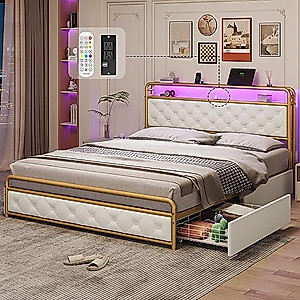 BTHFST Full Size Bed Frame with Built-in LED Light Headboard & Storage Drawers, USB Ports & Outlets, Upholstered Platform Bed Frame with Diamonds Tufting, Mattress Foundation, Creamy White & Gold