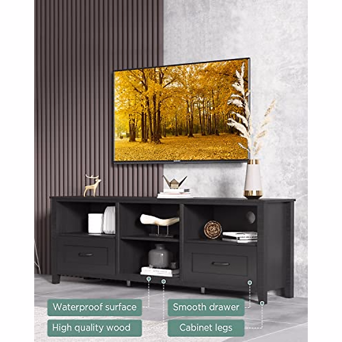 Black TV Stand for 80 75 70 65 60 Inch TV, Black Entertainment Center with Storage, Long Tall TV Stands for Living Room 75 Inch Black, 65 70 75 80 TV Stand with Storage for 65+ 75+ Inch TV for Bedroom