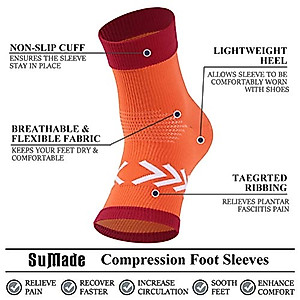 SuMade Compression Sleeve, Womens Girls Nurses Gifts Cycling Foot Arch Support Yoga Comfortable Sleeping Ankle Brace Socks For Plantar Fasciitis Injury Swelling 1 Pair Orange (S/M)