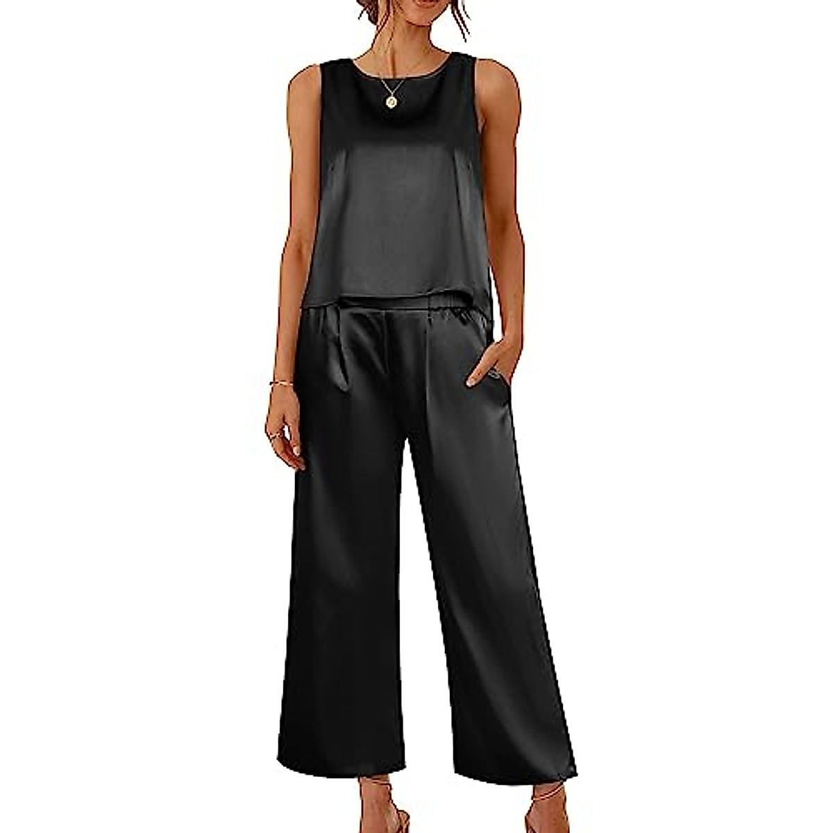Ekouaer Women's Satin Silk Pajama Cami Sleeveless Lounge Set Soft Pj Set Long Pant Sleep Set Black M