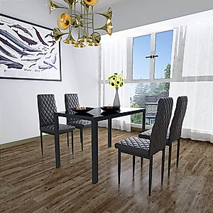 FIQHOME 5-Piece, Black Tempered Glass Kitchen Faux Leather Padded, Contemporary Room 4, Family Dining Table & Chair Set