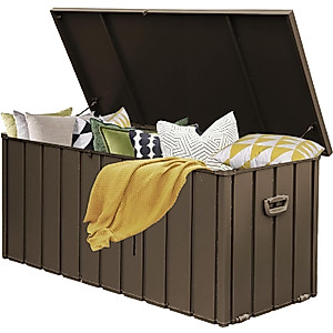 WIIS' IDEA 200 Gallon Storage Deck Box, Outdoor Waterproof Storage Deck Box w/Lockable Lids, Mobility Rollers, Large Storage Container for Patio Furniture for Garden Tools and Pool Supplies,Brown