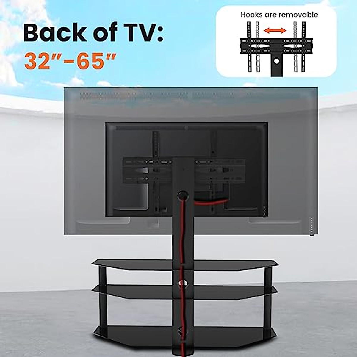 TV Floor Stand with Three Media Pallet Universal TV Stand Height Adjustment Visual Angle Rotation TV Mount Fit 32 inch to 70 inch TV Black Tempered Glass