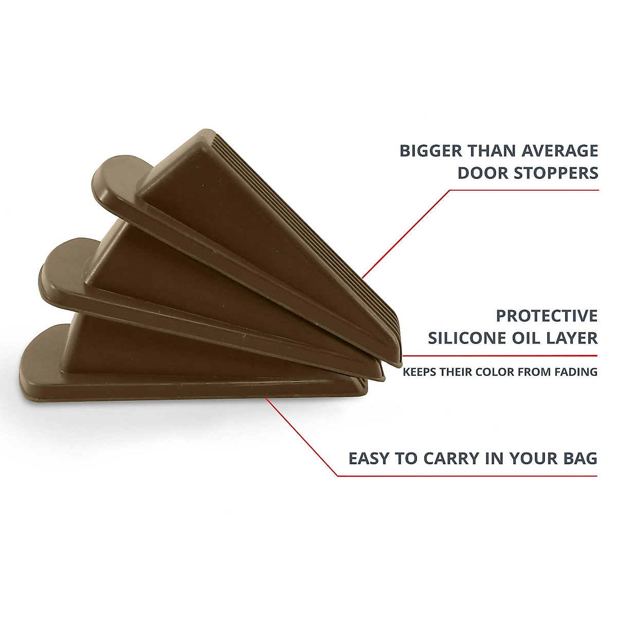 Rubber Door Stoppers for Bottom of Door - Security Wedge Door Stops for Concrete, Tile and Carpet Floors - Heavy Duty (4 Pack, Brown)