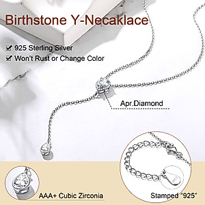 FOCALOOK 925 Sterling Silver CZ Teardrop Lariat Necklace 16"-18" Y Drop Adjustable April Birthstone Synthetic Diamond Necklaces for Women