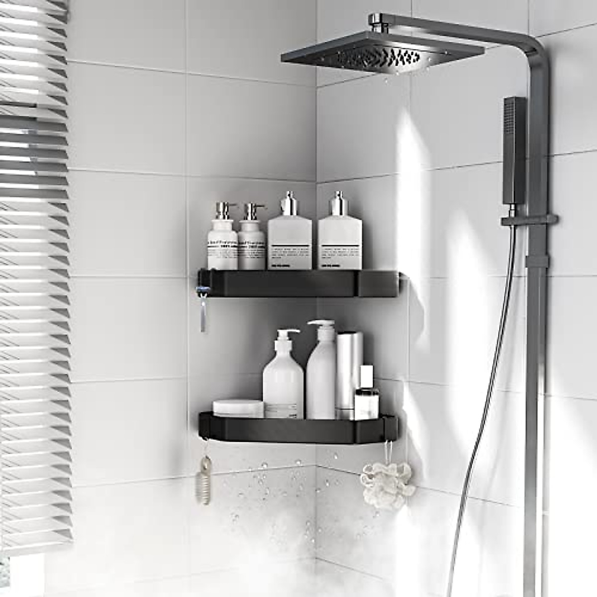 Corner Shower Caddy Organizer, 2 Pack Shower Shelves for Inside Shower, Adhesive Bathroom Wall Shower Organizer Accessories, Space Aluminum Corner Shower Shelf with 4 Hooks