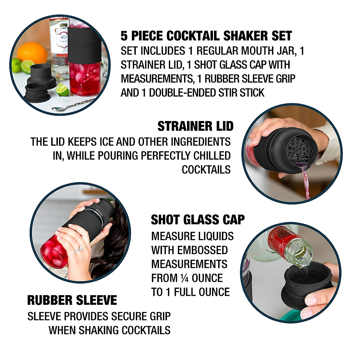 Masontops Cocktail Shaker Set – Glass Mason Jar Drink Shaker – 4 PC Set with Metal Swizzle Stick - Black