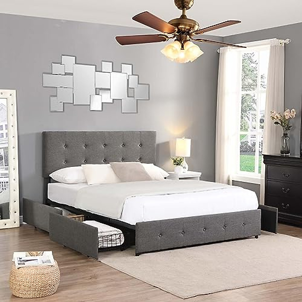 Full Size Linen Upholstered Platform Bed Frame with 4 Storage Drawers and Adjustable Button Headboard, Modern Soft Tufted Bed for Boys Girls Adults, Wooden Slats Support, No Box Spring Needed (Full)