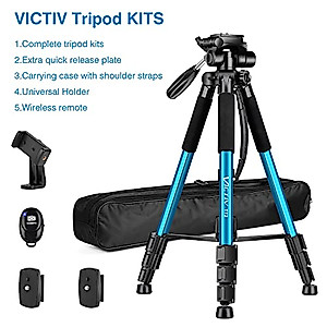 Victiv 72-inch Camera Tripod Aluminum T72 with Phone Tripod Mount- Lightweight Tripod & Monopod Compact for Travel with 2 Quick Release Plates for Canon Nikon DSLR Video Shooting - Blue