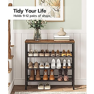 HOOBRO Shoe Rack, 4-Tier Shoe Rack, Shoe Shelf for Entryway, Closet, Holds 12-15 Pairs of Shoes, Shoe Storage Organizer with 3 Metal Mesh Shelves, Solid and Stable, Industrial, Rustic Brown BF42XJ01