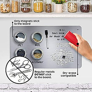 Stainless Steel Metal Magnet Board - 17.5 x 11.5 Flat Silver Magnetic Board for Magnets and Bulletin Board - Includes Dual Lock Tape