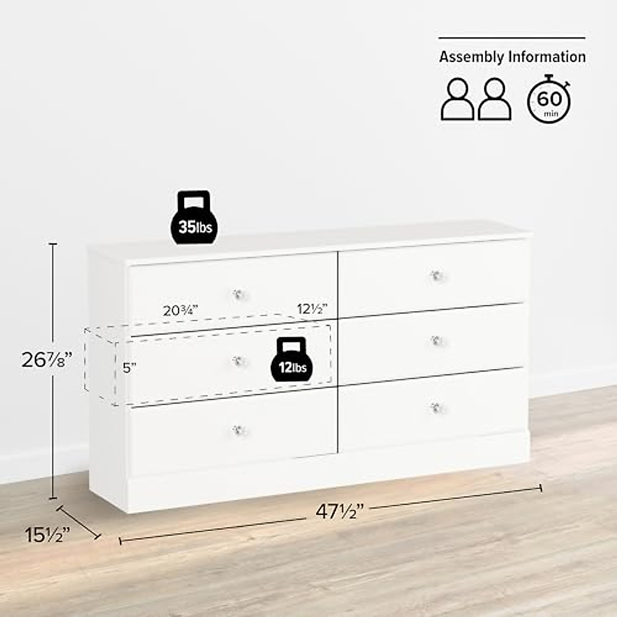 Prepac Astrid 6 Drawer Double Dresser for Bedroom with Crystal Knobs, Wide Chest of Drawers, Bedroom Furniture, Clothes Storage and Organizer, 15.5" D x 47.5" W x 26.85" H, White