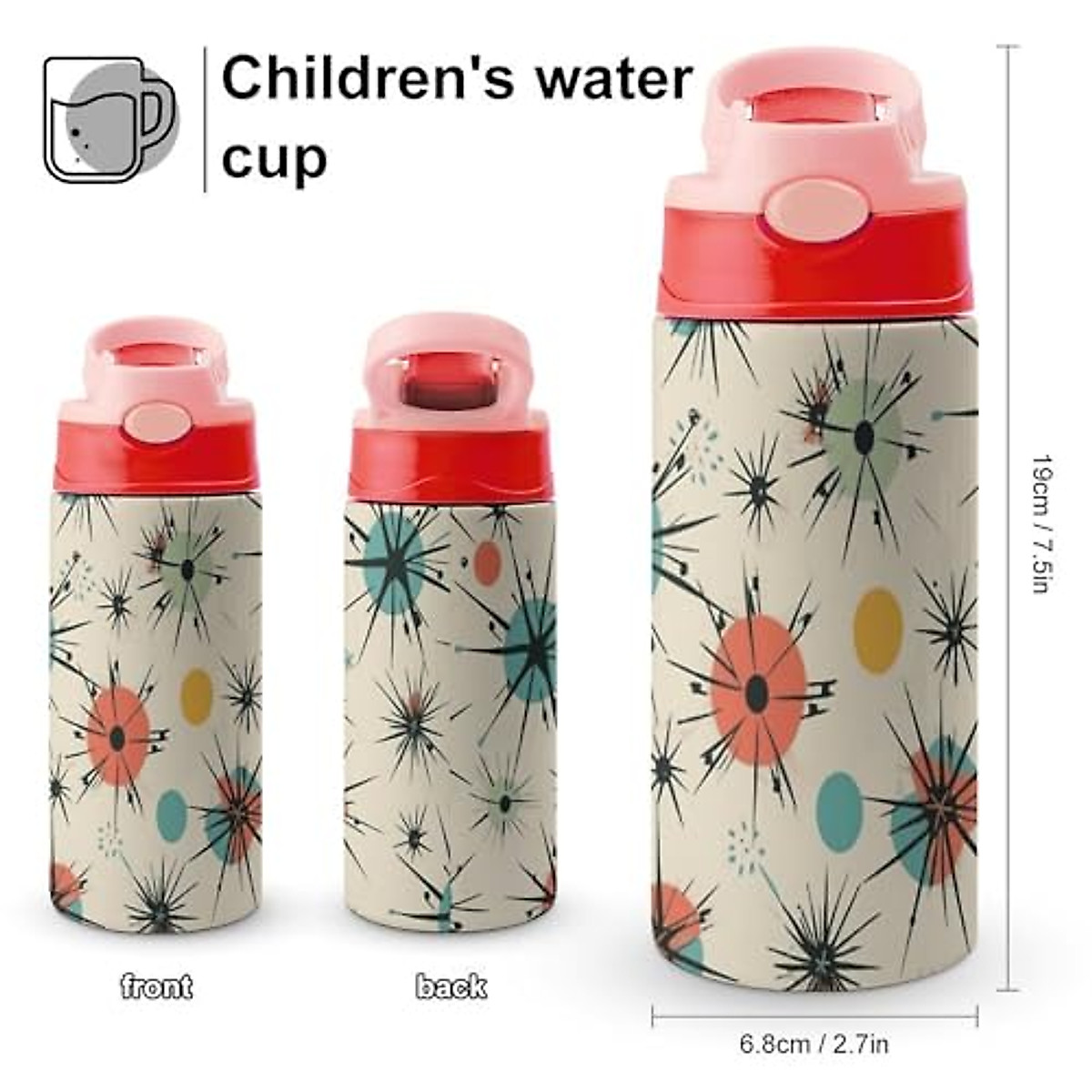 Stainless Steel Water Bottles Atomic Stars Retro Pattern Travel Water Cups with Handle And Silicone Straw Drinking Cup with Leak Proof Lid Thermo Travel Mug for Women Men