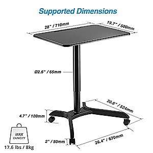 AVLT 44" Ambidextrous Pneumatic Laptop Standing Desk Cart (3 ft 8 in) - Mobile Rolling Desk - Computer Projector Cart - Rolling Height Adjustable Folding Desk - Mobile Black Cart with Brake Casters