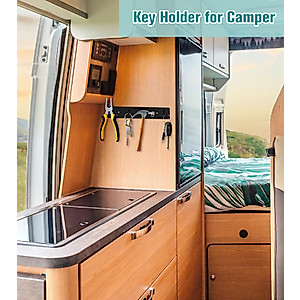 RELBRO Key Holder Wall Mount, Black Metal Key Hanger Self Adhesive Key Rail with 4 Key Hooks Key Rack Organizer 2 Options Installation for Entryway Hallway Kitchen RV Camper