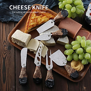 yq Upgrade Damascus Cheese Knife for Charcuterie Board, Multipurpose Pronged Knife Small Cheese Cutter,Beautiful Black Resin and Shadow Wooden Handle,Gift Box