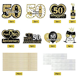 24pcs Happy 50th Anniversary Decorations Table Centerpiece Sticks, Black Gold 50 Year Wedding Anniversary Tables Topper Party Supplies, Fifty Anniversary Sign Decor