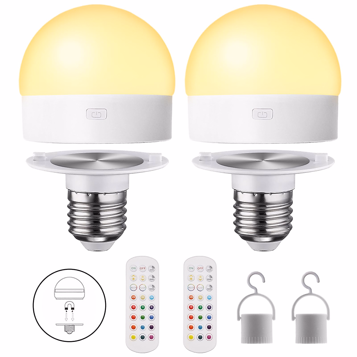 HISTAR Rechargeable Light Bulbs for Sconce and Lamp with Remote, RGB, Timer, Dimmable, E26 Battery Operated Light Bulb, 3 Color Temperature, 2Pack