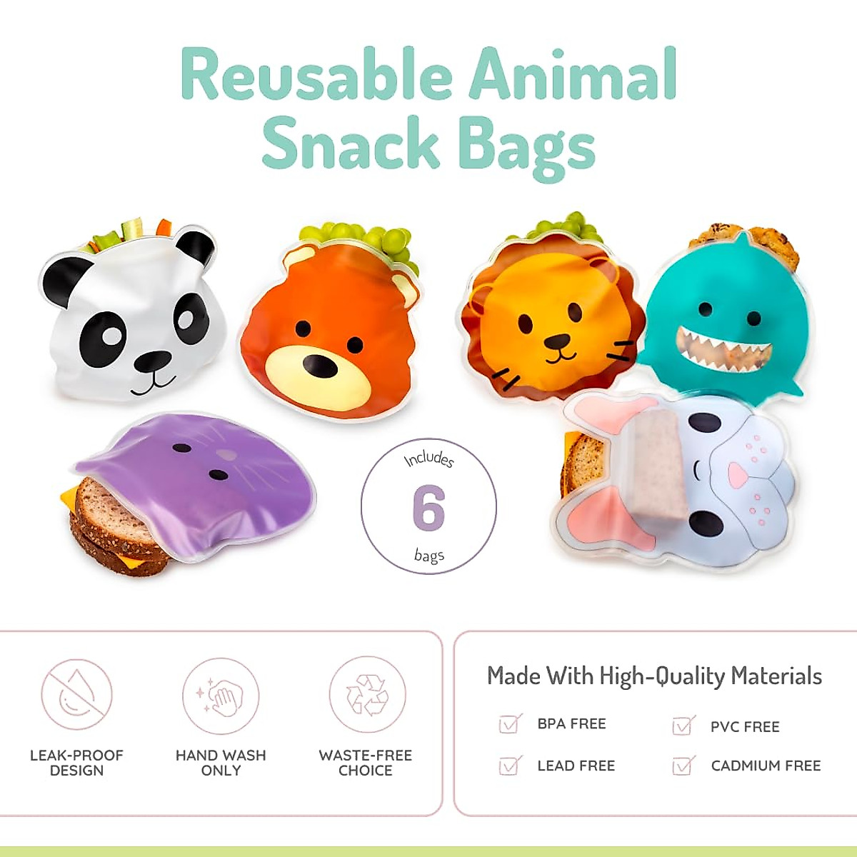 melii Reusable Snack Bags - Bulldog, Cat, Lion, Panda, Bear & Shark