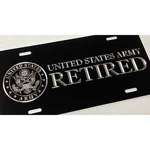 Engraved US Army Retired Car Tag Silver Diamond Etched on Black Aluminum Vanity Front License Plate Gift