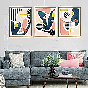 ArtbyHannah Gold Framed Wall Art, Abstract Canvas Wall Art with Geometric Prints, Navy and Pink Modern Wall Art for Bedroom Living Room, 12x16 Inch Set of 3