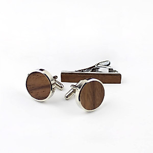 Rustic Black Walnut Wooden Round Cufflinks Tie Clips With Organizer Box for Men