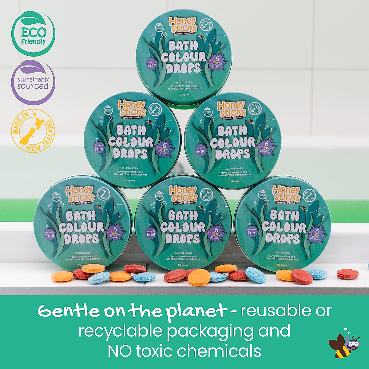 Honeysticks Bath Color Tablets for Kids - Non Toxic Bathtub Drops Made with Natural Ingredients and Food Grade Color - Fragrance Free - Fizzy, Brightly Colored Bathtime Fun, Great Gift - 36 Drops